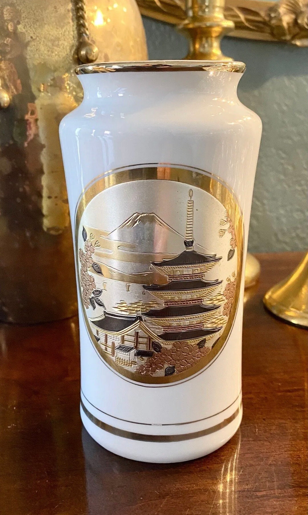 Japanese Chokin Art Gold Metal Engraved White Porcelain Collector Vase ...