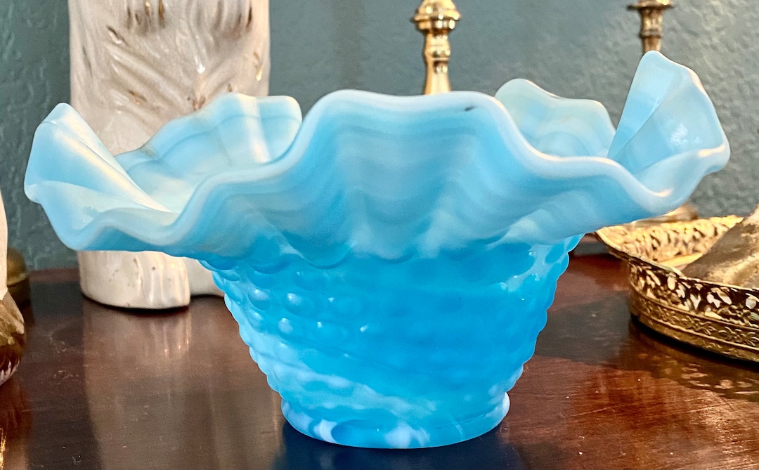 Blue Fenton Hobnail Ruffled 7” Candy Dish Bowl Blue Fenton Milk Glass ...