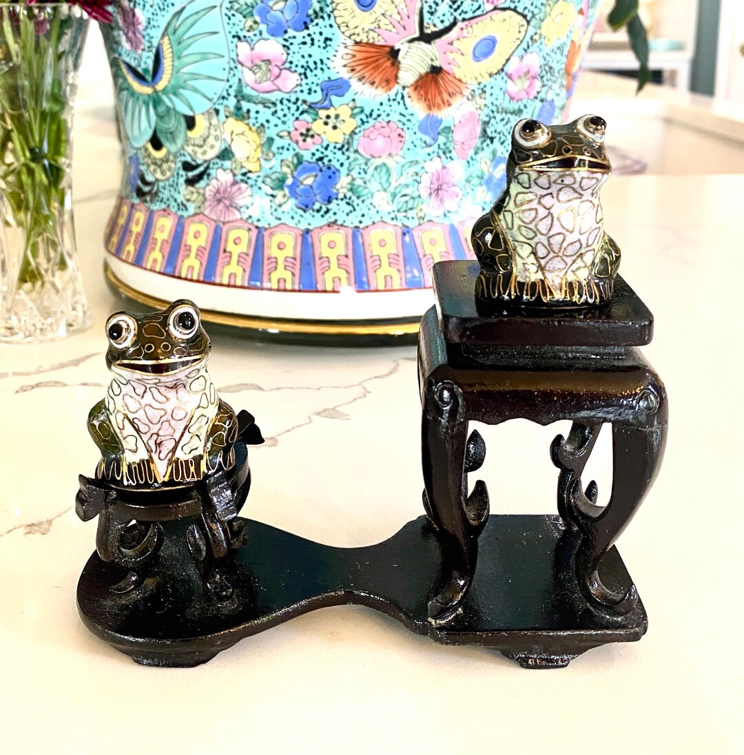 Vintage Cloisonne Enameled Black Copper Mini Frogs Hand Painted Frog ...
