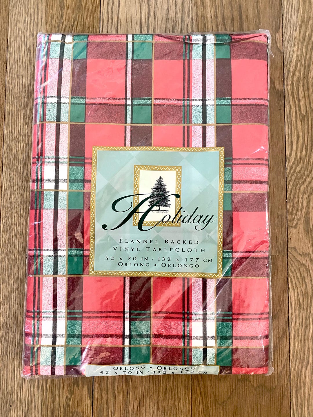 Vintage Christmas Plaid Flannel Back Vinyl Oblong Tablecloth Red Green ...