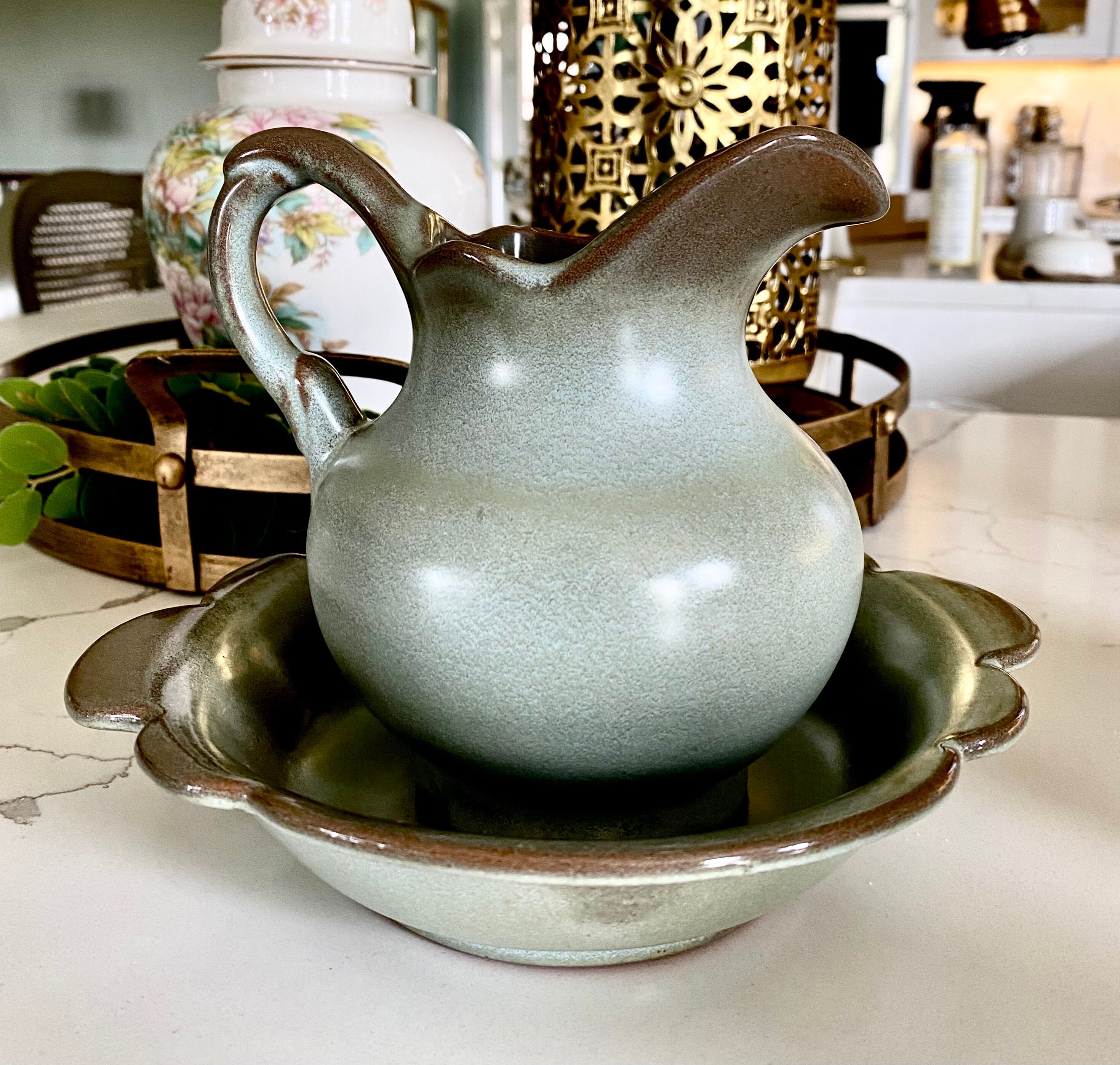 Francoma Pottery Small Pitcher Basin Bowl Set Plainsman Green - Etsy