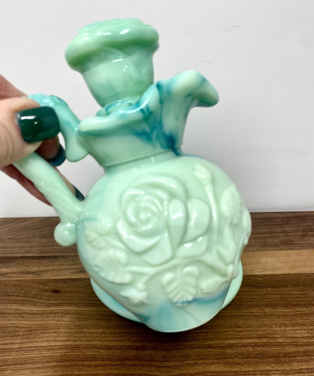 Vintage Avon Green Marble / Jadeite Glass Small Pitcher or Vase Field of Flowers Vanity Decor ...