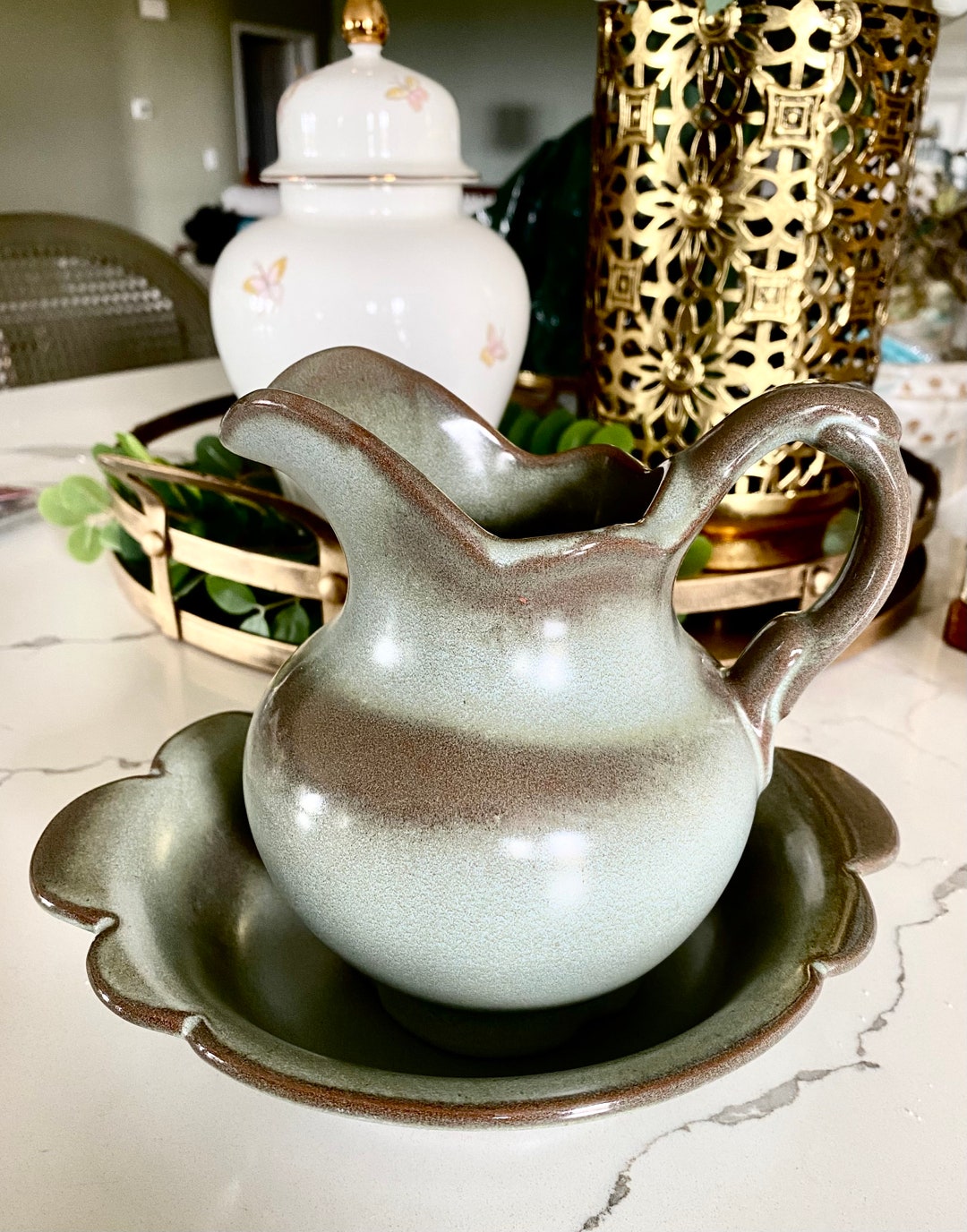 Francoma Pottery Small Pitcher Basin Bowl Set Prairie Green 40A & 40B ...