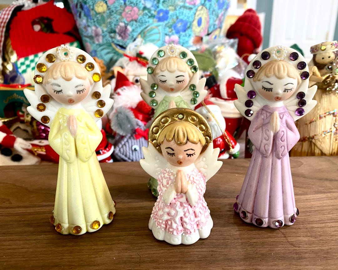 Vintage Mini Ceramic Praying China Bisque Angels in Pastels Rhinestone ...