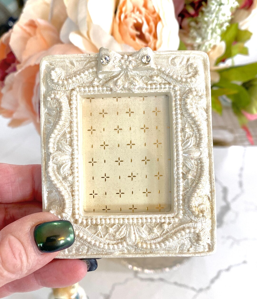 Mini Ivory Photo Frame Ornate Detailing 2 X 3 Photo Rhinestone Bow ...