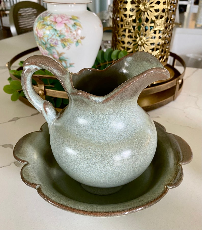 Francoma Pottery Small Pitcher Basin Bowl Set Plainsman Green - Etsy