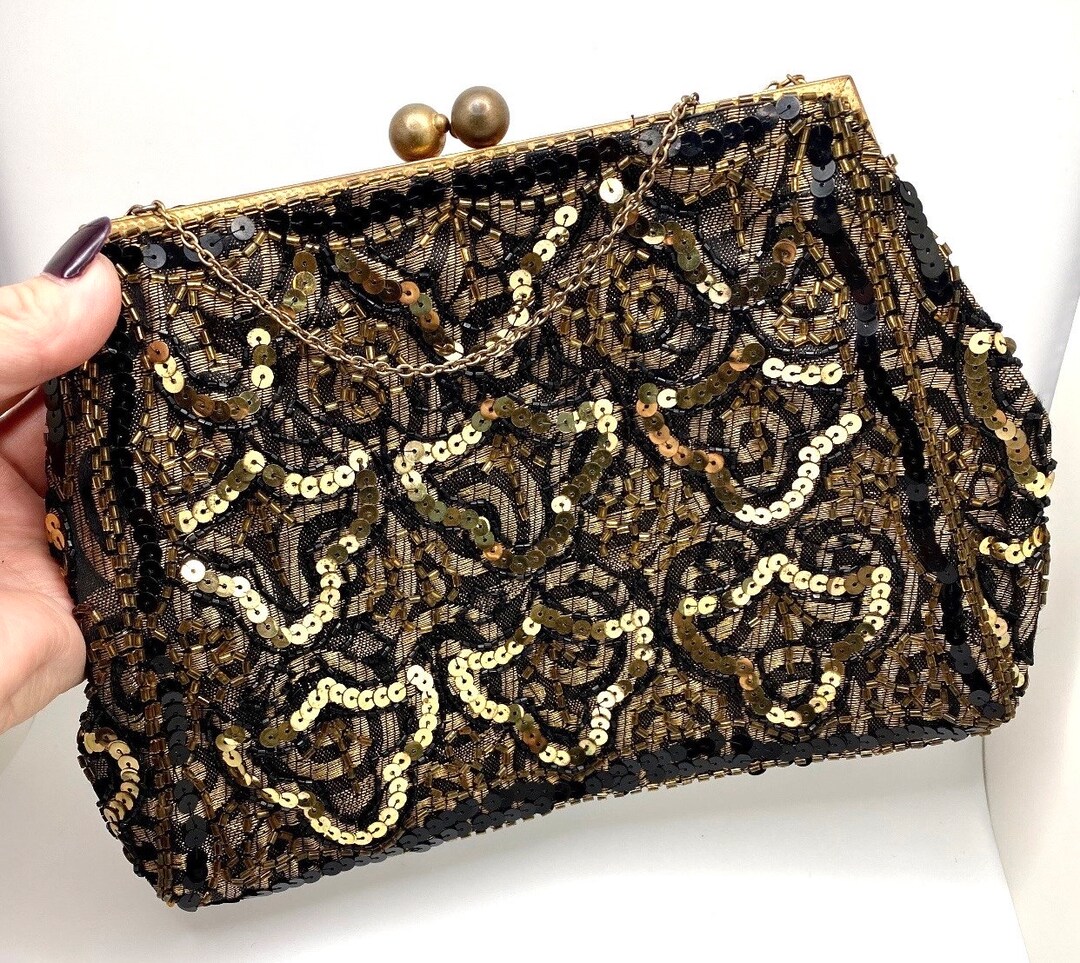 1950-60s Beads and Sequins Evening Clutch Handbag Gold Metal Frame ...