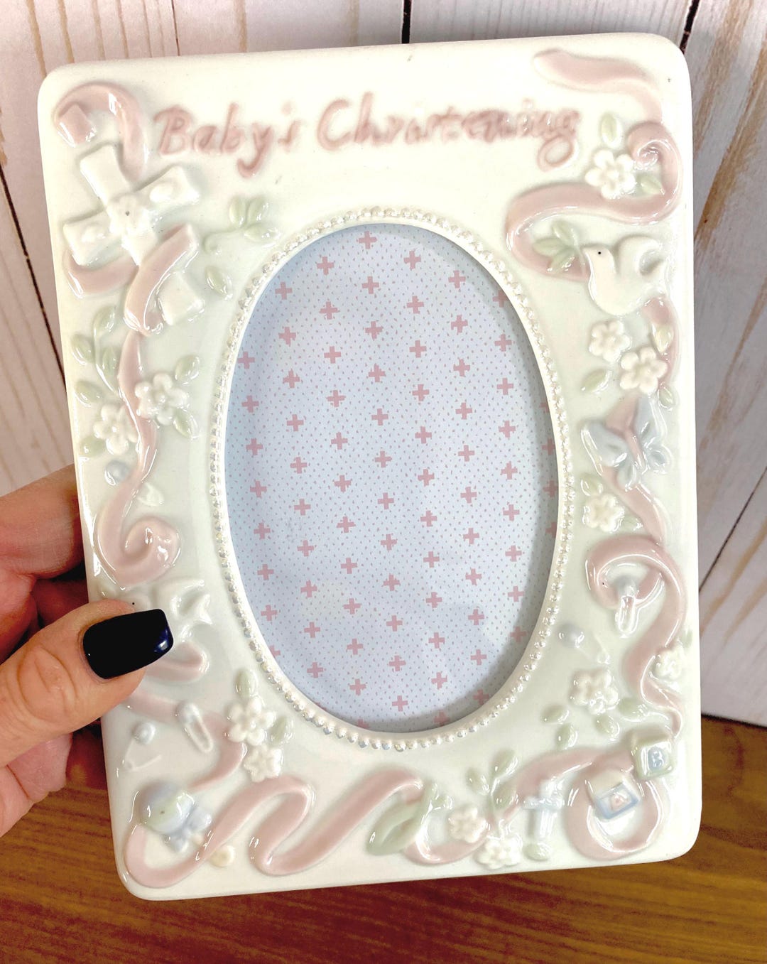 Vintage Ceramic Baby Christening Photo Frame With Pink Ribbon - Etsy