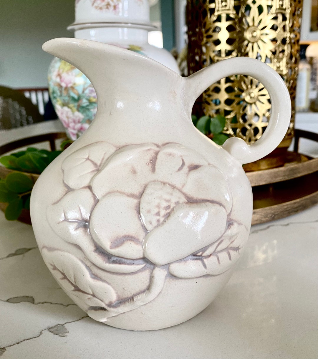 Vintage Red Wing Art Pottery White Pitcher Vase for Flowers Magnolia ...