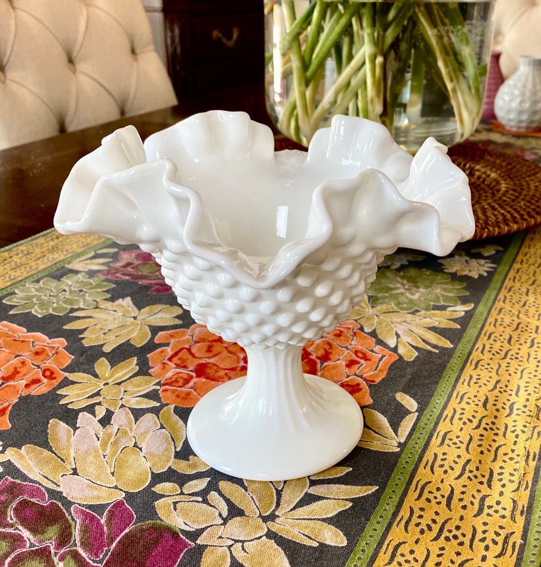 Fenton Hobnail Milk Glass Candle Holder Compote Pedestaled Base Crimped ...