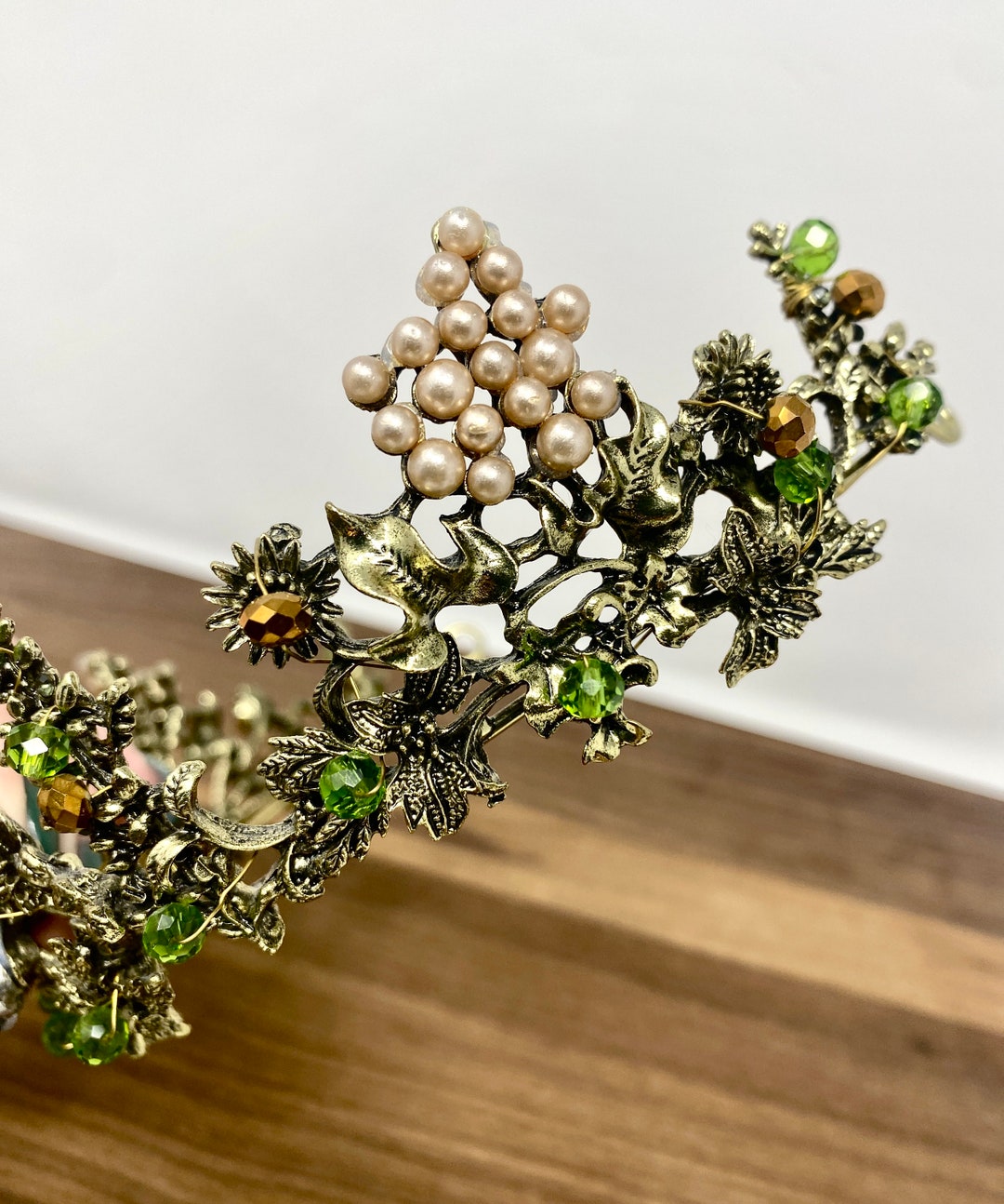Vintage Retro Green Bronze Pearl Beaded Bridal Wedding Crown Bridal ...