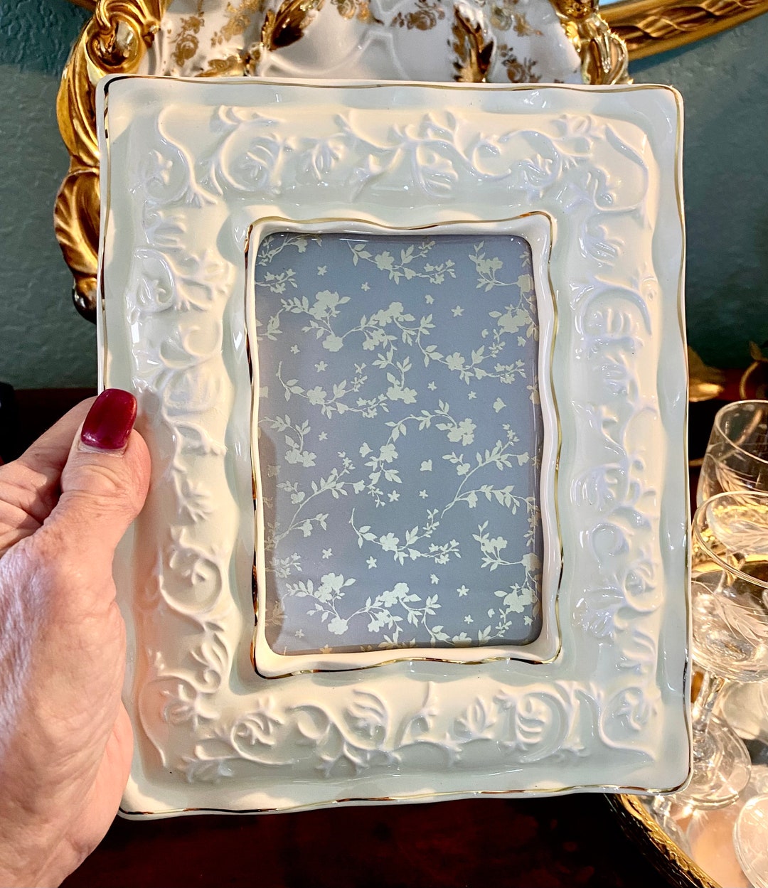 Vintage Ivory Ceramic 5 X 7 Photo Frame Gold Trim Scroll Design Picture ...