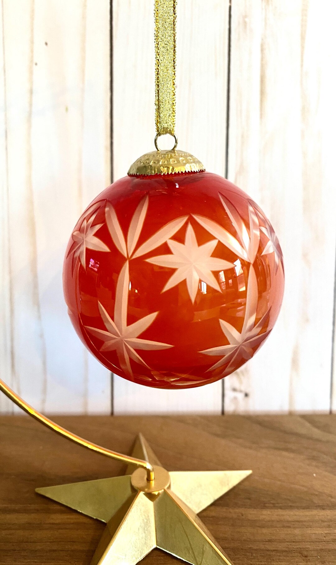 Vintage Hand Blown Art Glass Kugel Style Frosted Cut Stars 3” Christmas ...