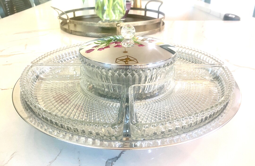 VTG Revolving Lazy Susan 7 Piece Chrome With Glass Inserts Center Dish ...