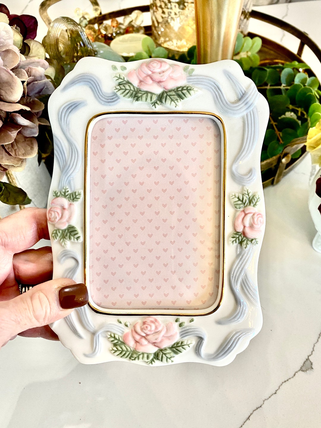 Vintage Princess House Pink Rose Garland Porcelain Photo Frame Hand ...