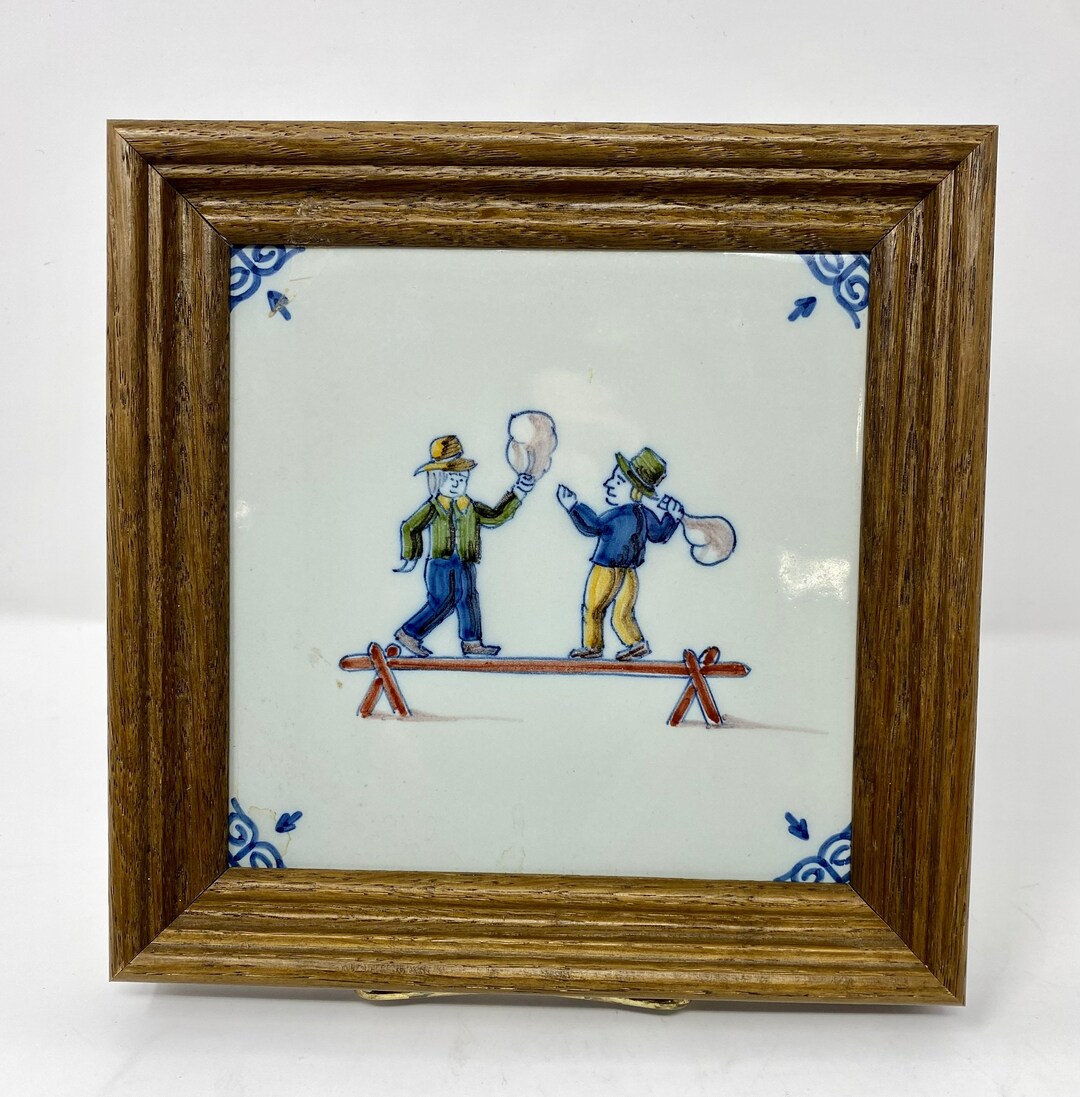 Delft Blue Framed Tile 2 Men by Makkum Faience Tile Trivet Vintage ...