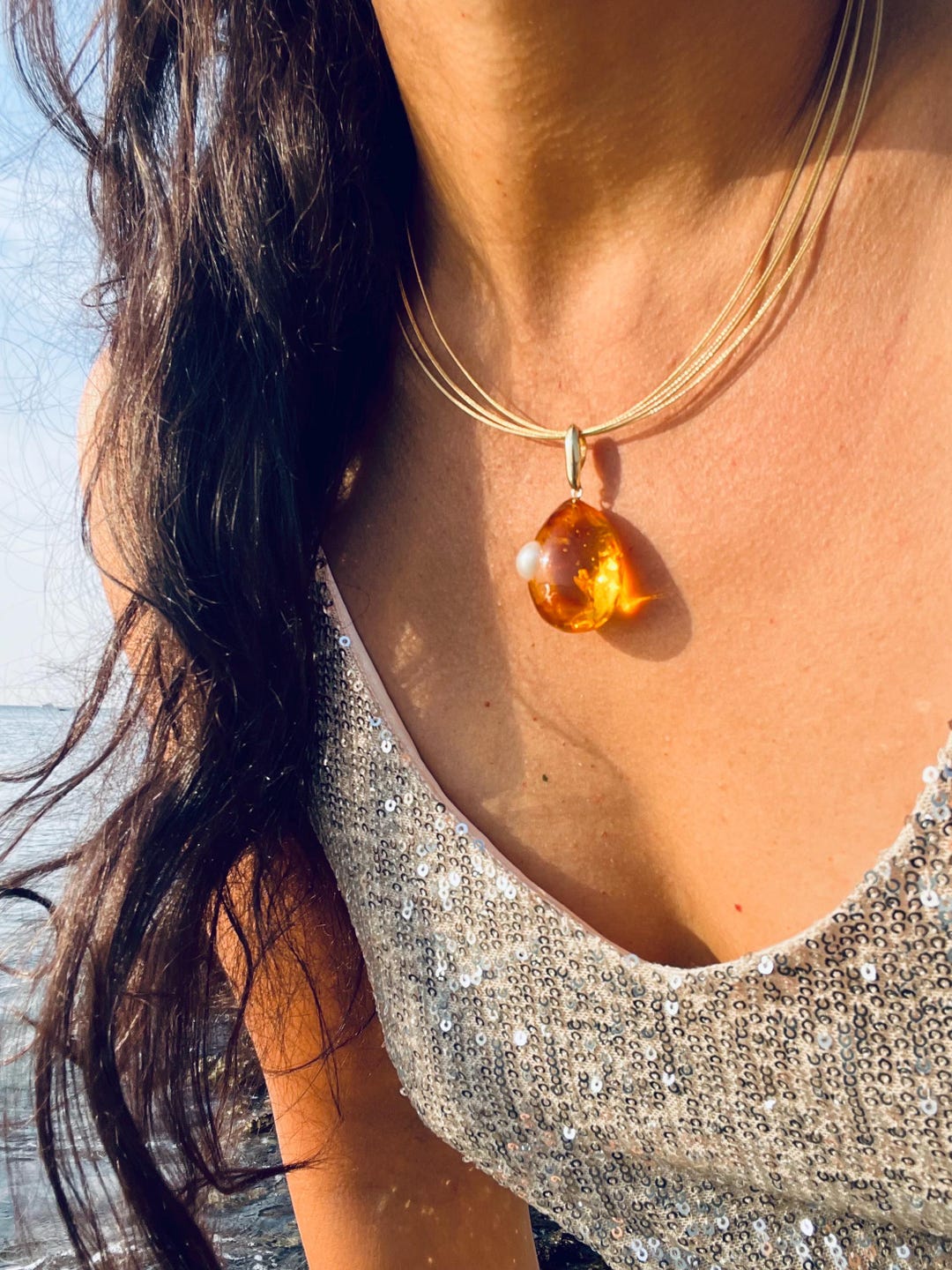 Natural Baltic Amber Pendant: Fossil Inclusions, 24K Gold Plated ...