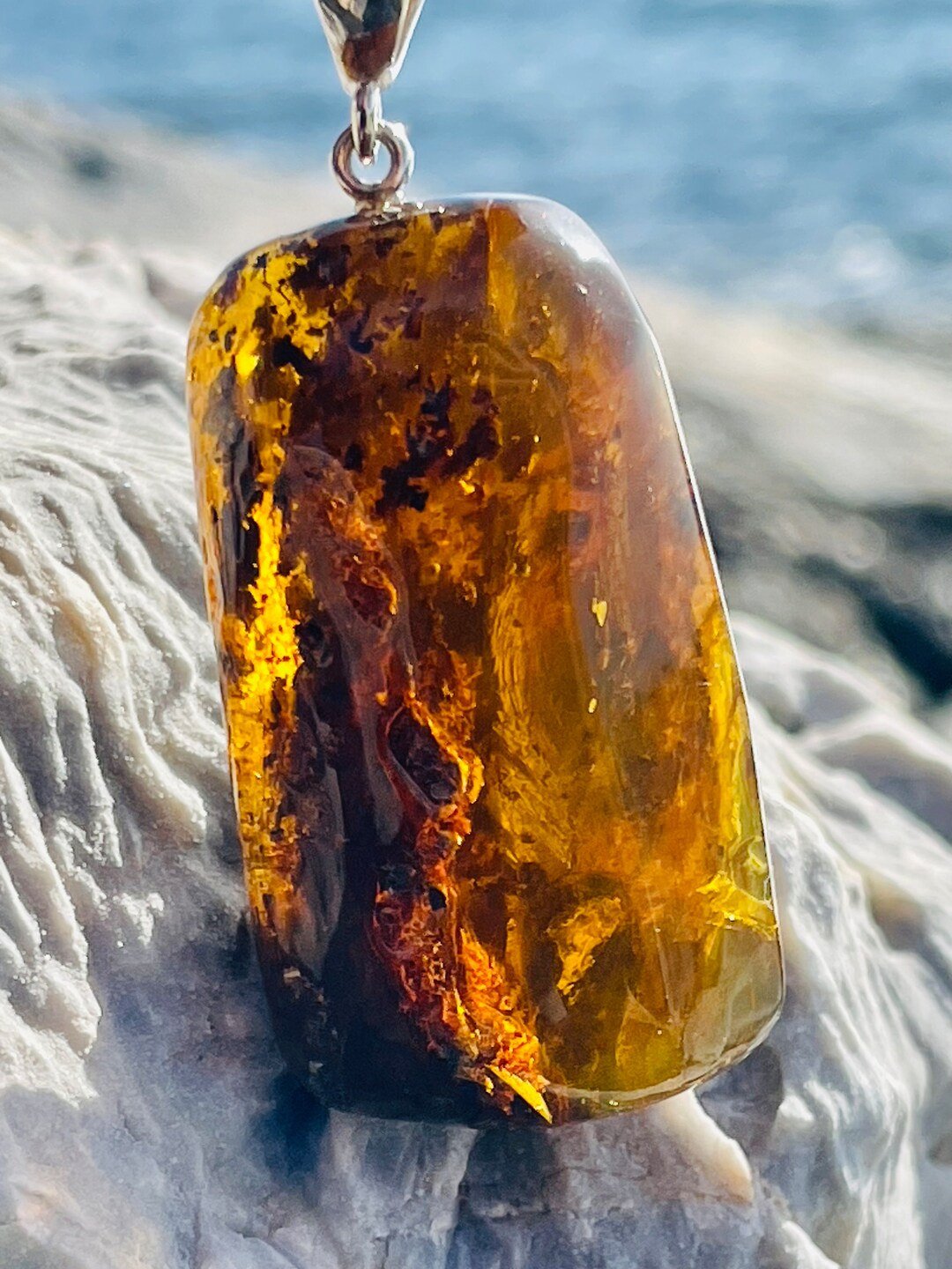 Green Amber Pendant With Inclusions ,large Amber Pendant With Fossil ...