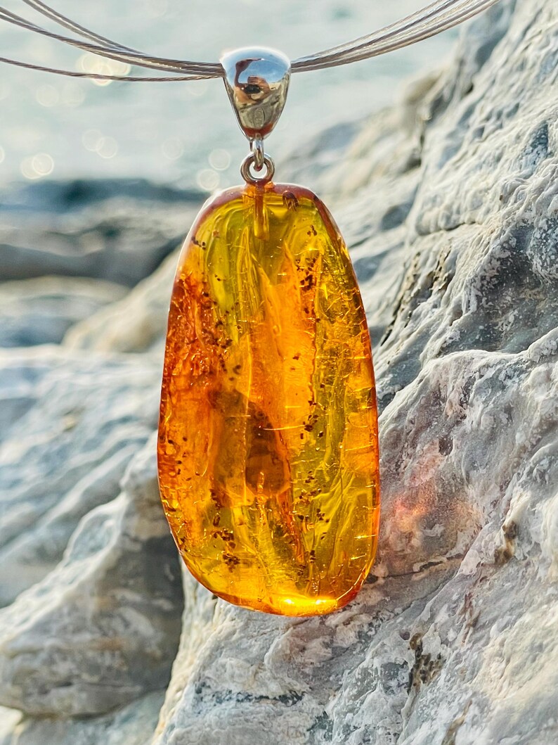 Baltic Amber Pendant: Sterling Silver, Honey Color, Fossil Inclusions ...