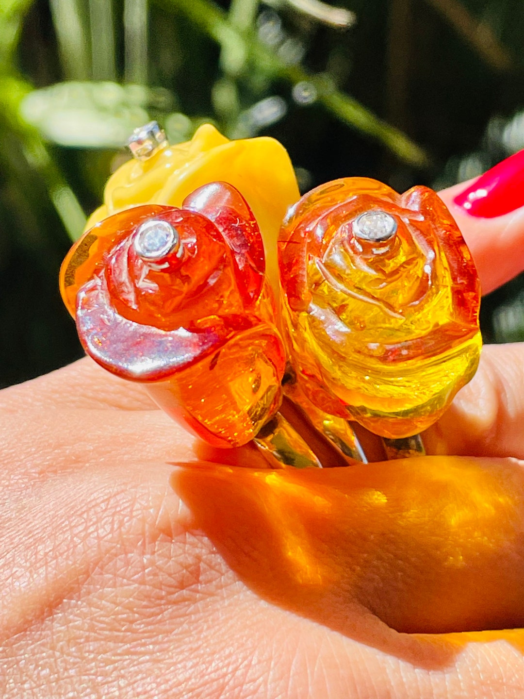 Set of 3 Amazing Amber Rose Rings, Handcarved Rose Amber Ring, Natural ...