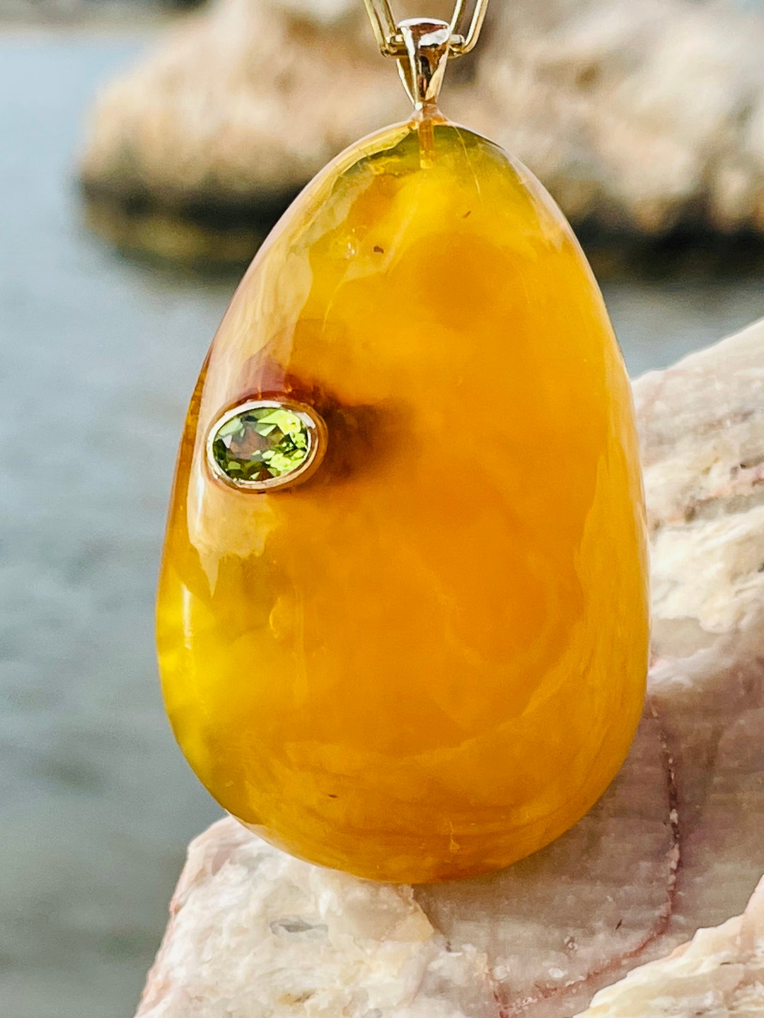 Unique 14K Gold Amber Pendant With Natural Peridot , Large Amber ...