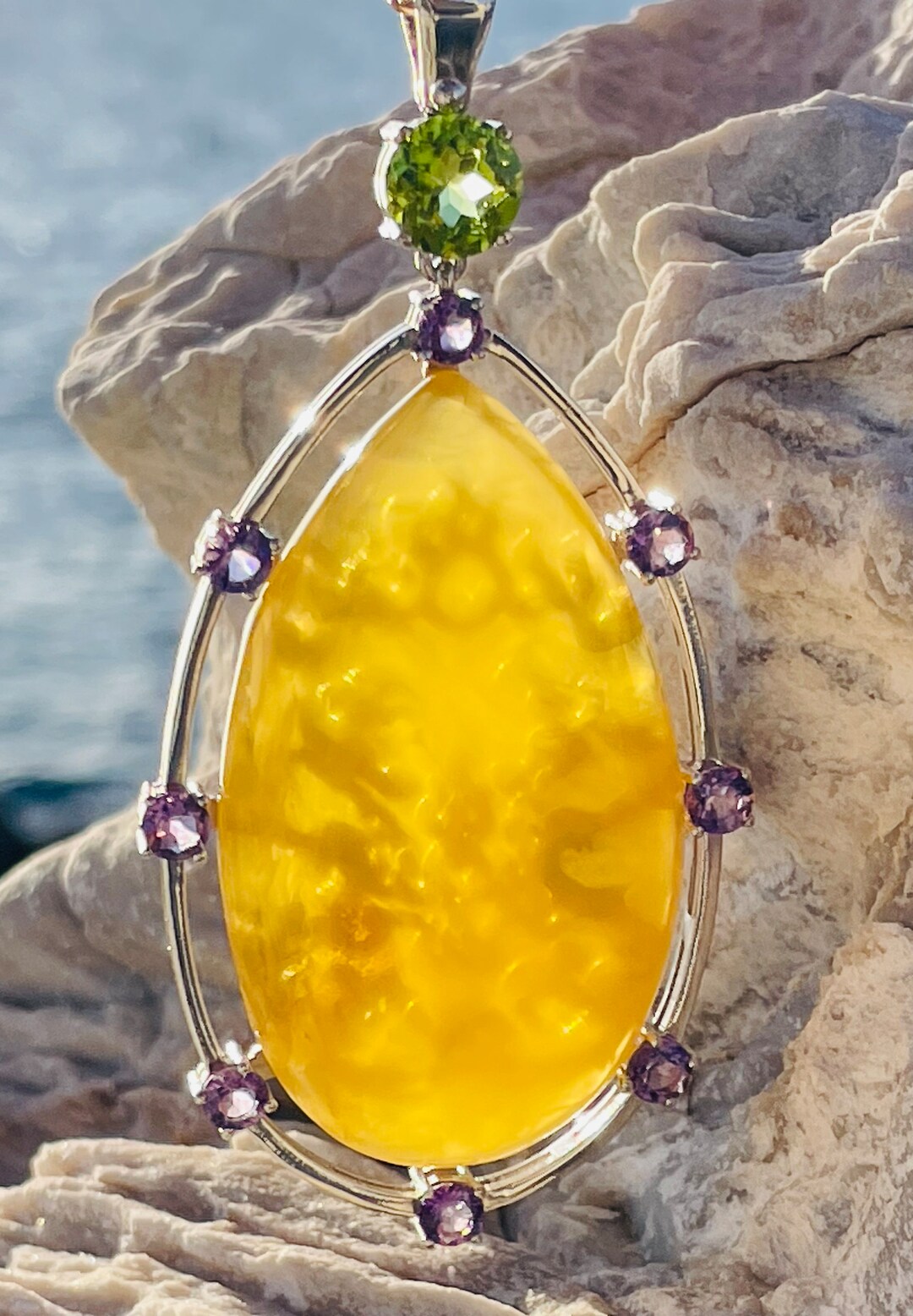 Luxury Amber Pendant , Rare Amber Pendant With Precious Gems ...