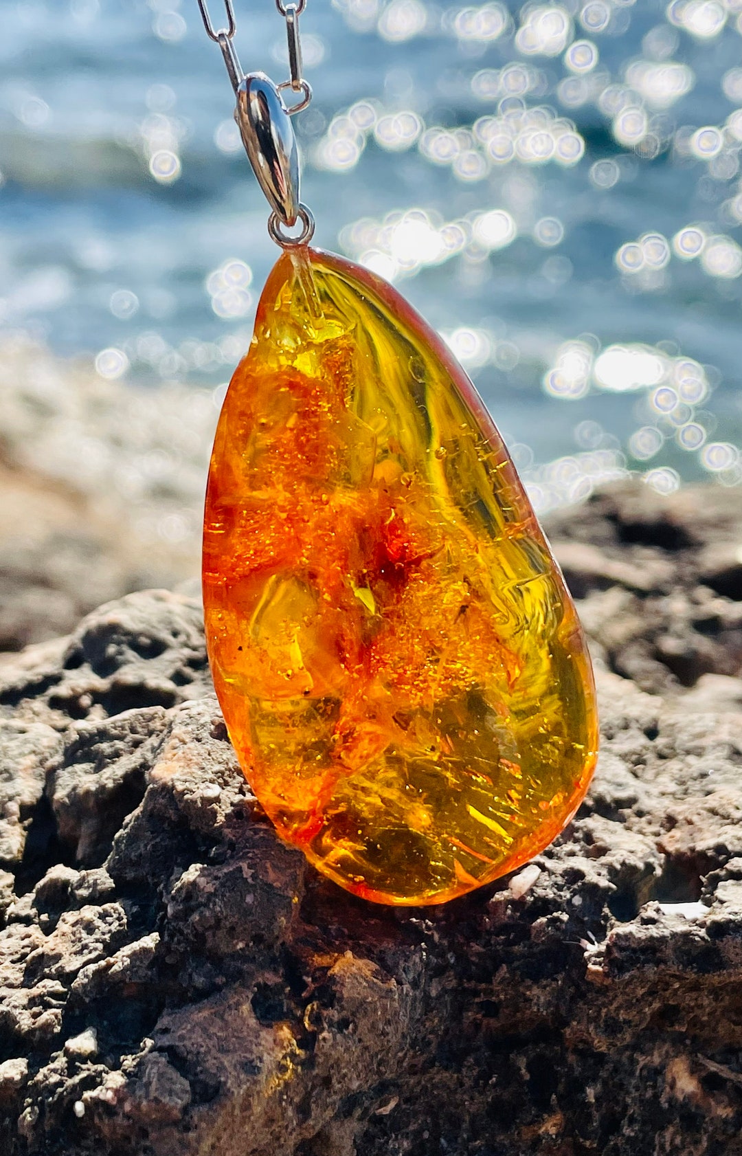 Natural Fossil Mosquito and Flies , Large Honey Amber Pendant With Fossil Inclusions , Sparkling ...