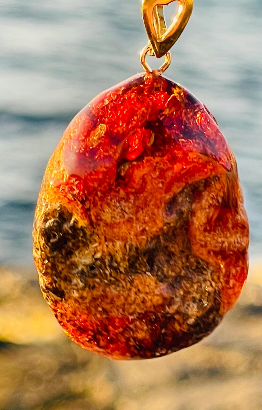 Red Amber Pendant ,unique Amber Pendant With Fossil Inclusions, Natural ...