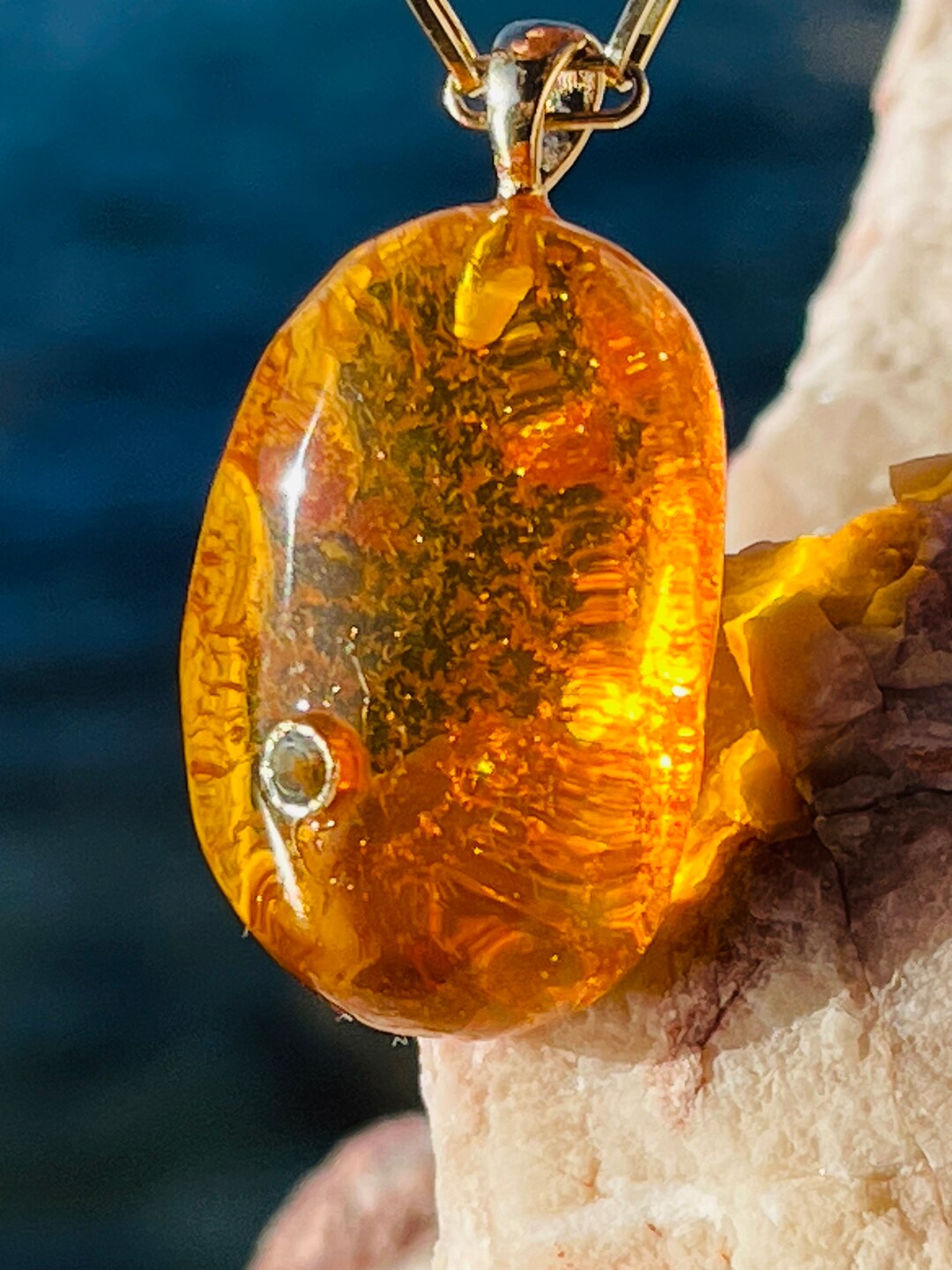 Amazing 14K Gold Amber Pendant With Topaz Unique Amber - Etsy