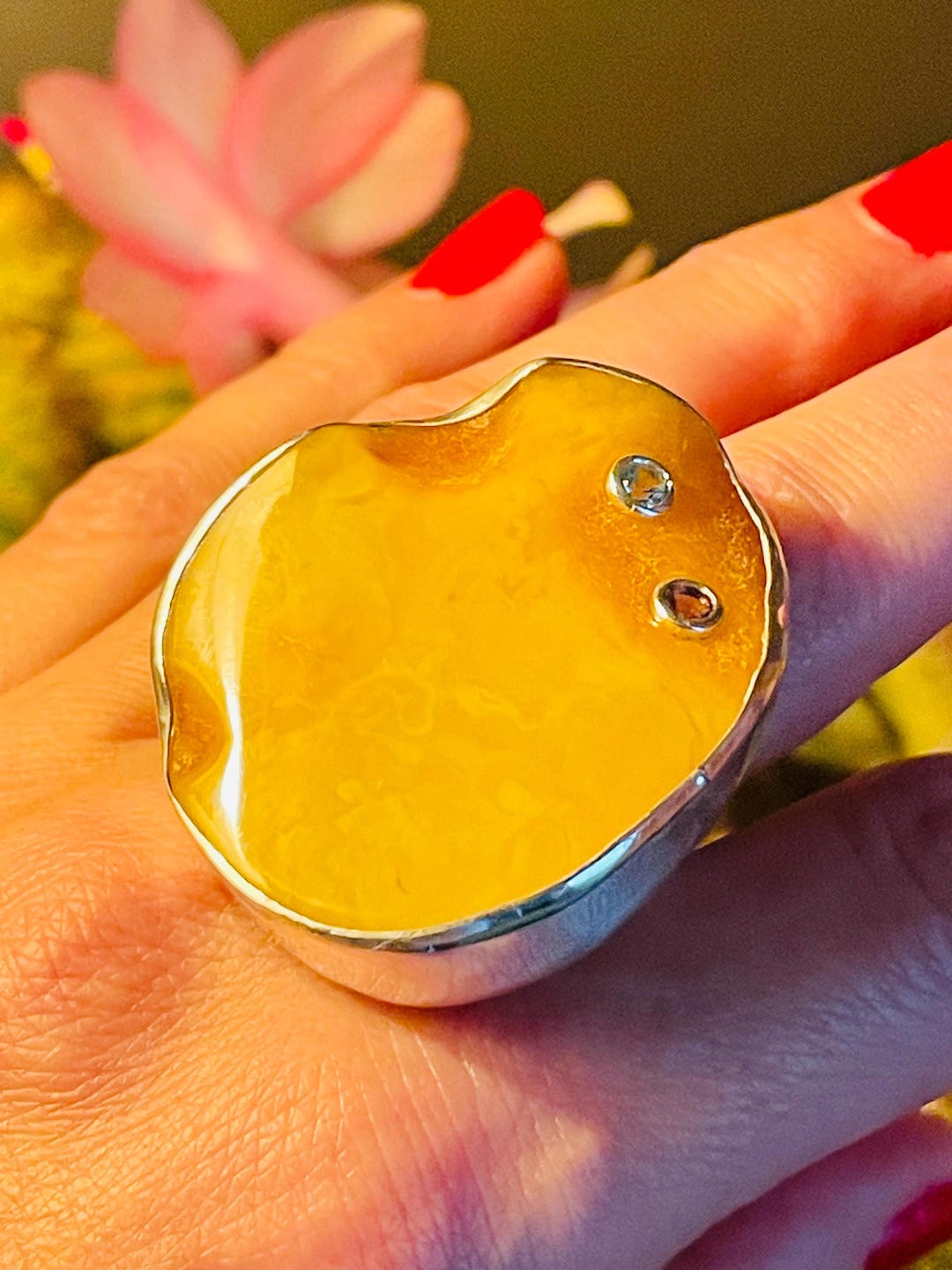 Fantastic Amber Ring With Topaz & Amethyst , Handmade Amber Ring , Huge ...