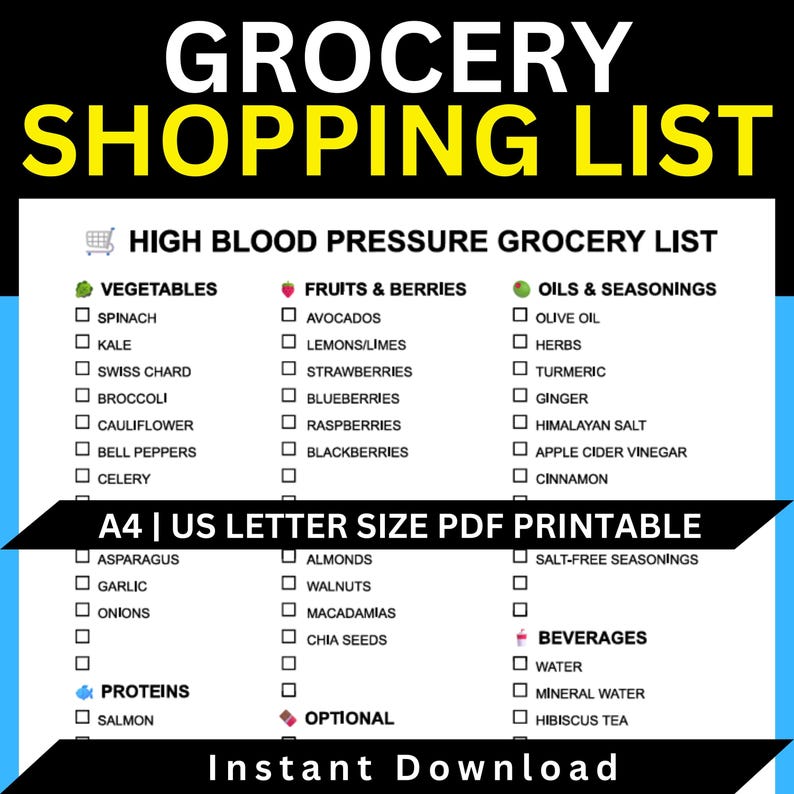 High Blood Pressure Diet Guide, Food List Chart, Grocery List, Meal ...