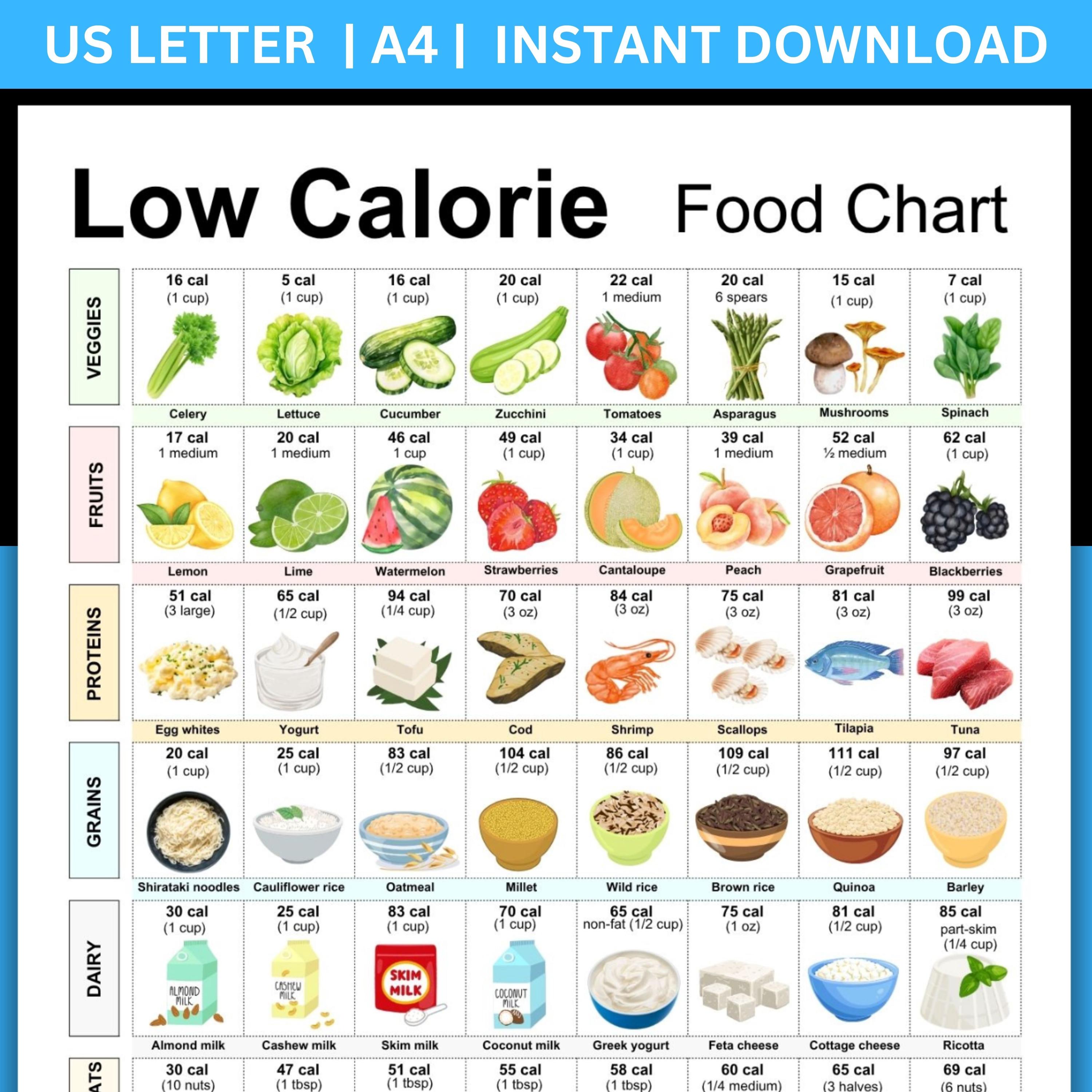 Low Calorie Food Chart: Weight Loss Meal Planner (printable PDF) - Etsy