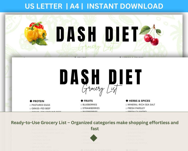 DASH Diet Plan PDF, Meal Plan Menu, Food List, Grocery List for ...