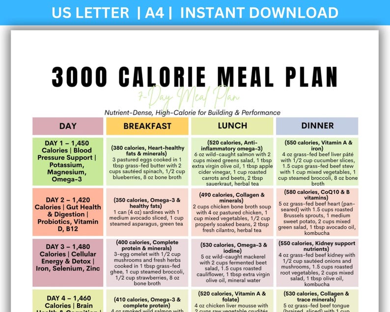 3000 Calorie Meal Plan PDF, 7 Day High Protein Menu, Weight Gain Muscle ...