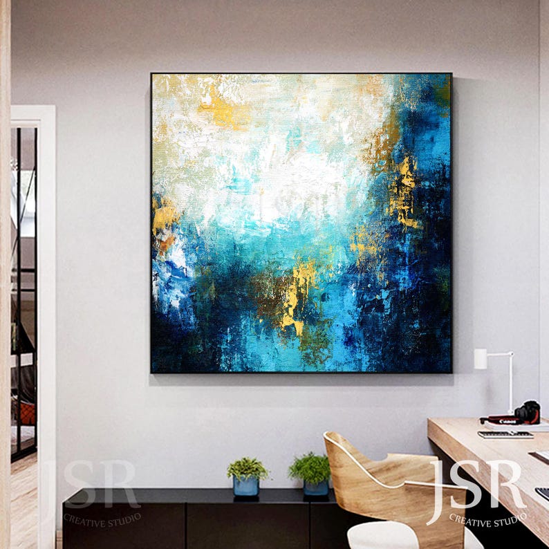 Navy Blue and Gold Abstract Art, Large Original Canvas Painting, Textured Modern Wall Decor ...
