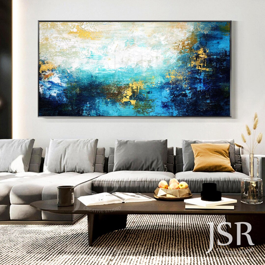 Navy Blue and Gold Abstract Art, Large Original Canvas Painting, Textured Modern Wall Decor ...