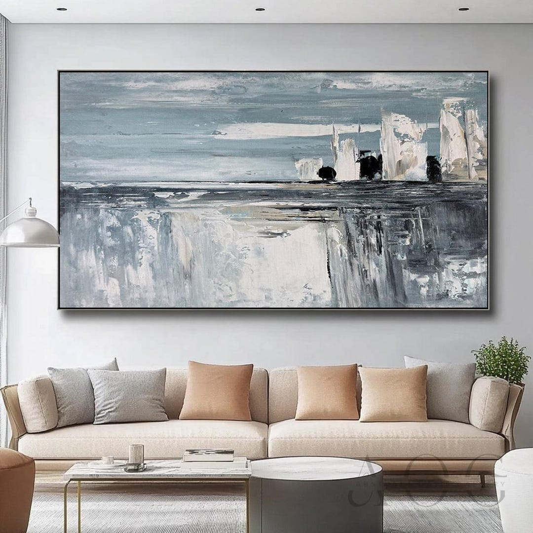 Blue Gray Abstract Wall Art With Gold Frame, Textured Modern Painting ...