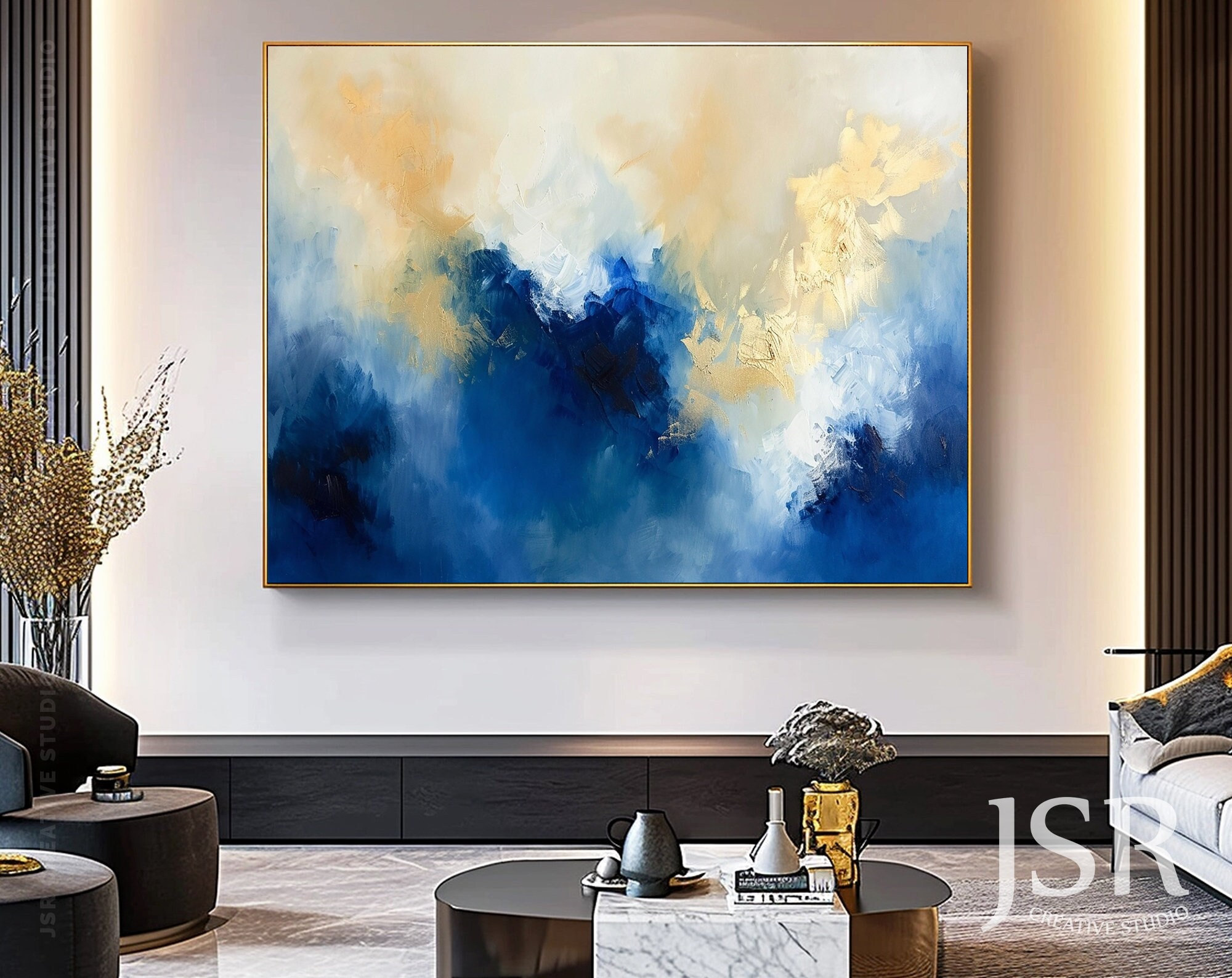 Modern Hand-painted Blue & Gold Wall Art Decor, Beautiful Blue Clouds ...