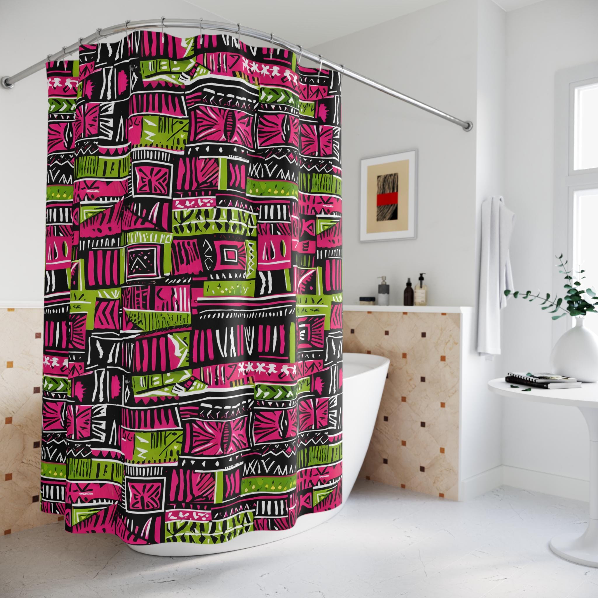 Lime Green and Pink African Pattern Shower Curtains, Pink and Green Mud ...
