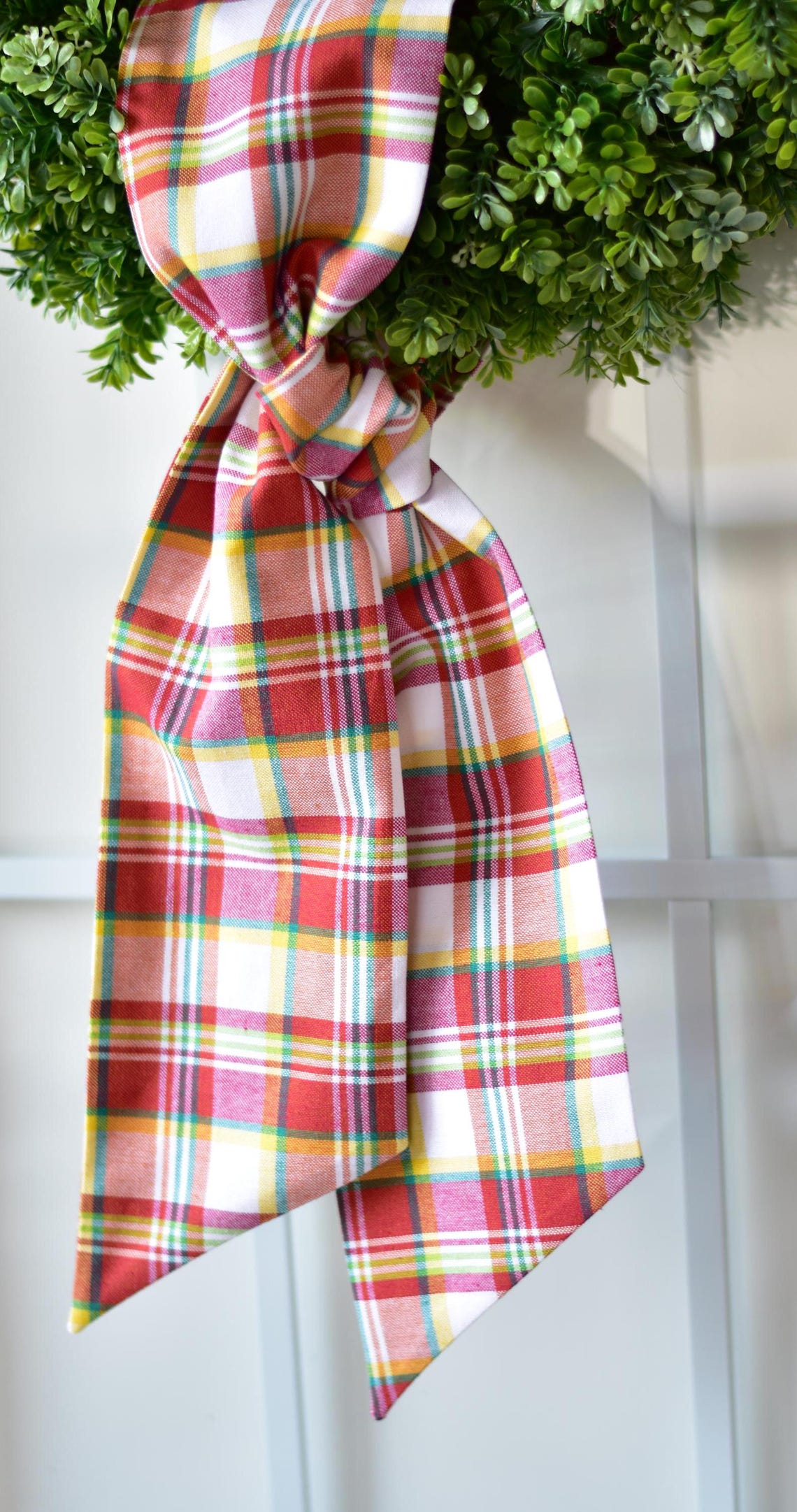 Red and White Tartan Plaid Cotton Wreath Sash, Colorful Autumn Wreath ...