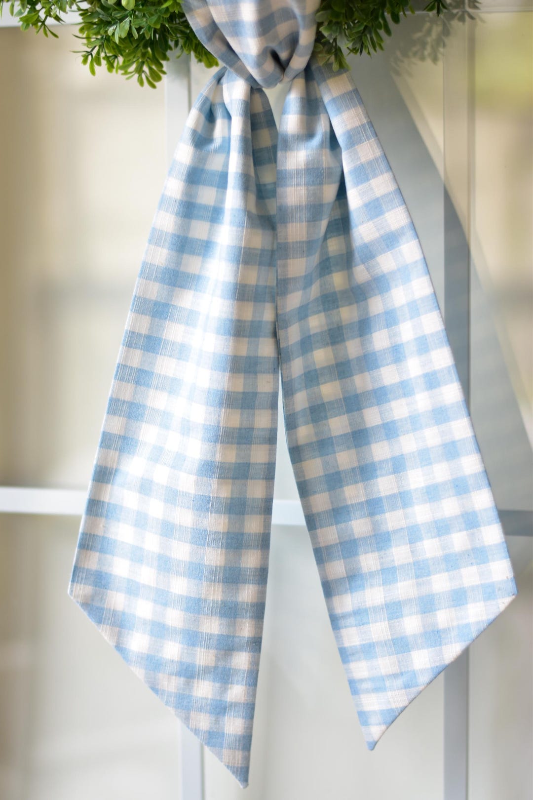 Baby Blue Check Wreath Sash, Light Blue Gingham Front Door Sash, Pastel ...