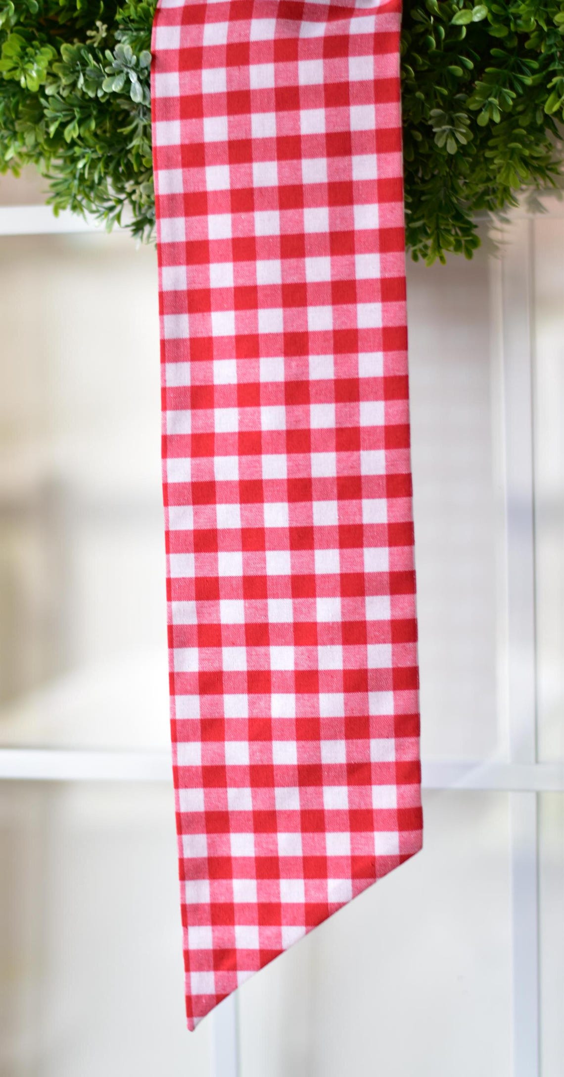 Red Gingham Wreath Sash, Red Check Front Door Decoration, Linen Cotton ...
