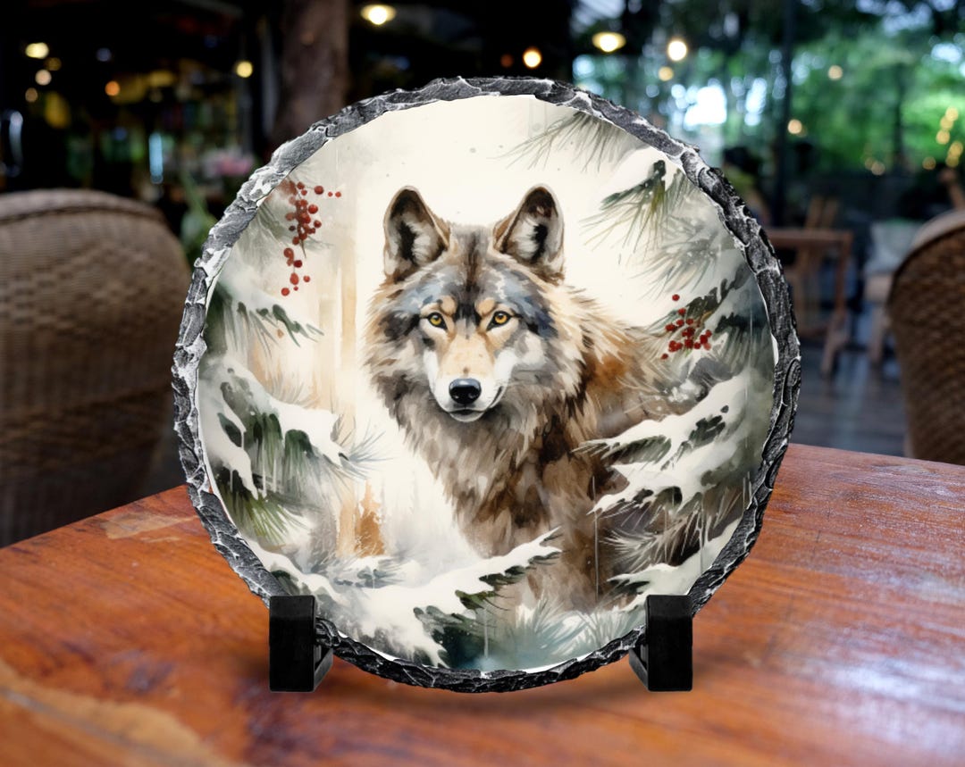 Winter Wolf Photo Slate: Natural Stone Decor With Display Stand - Etsy