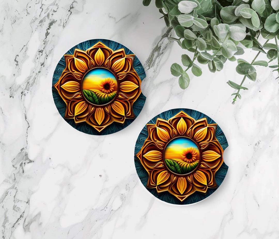 Sunflower Car Coasters: Tooled Leather Look, Absorbent Ceramic (set of ...