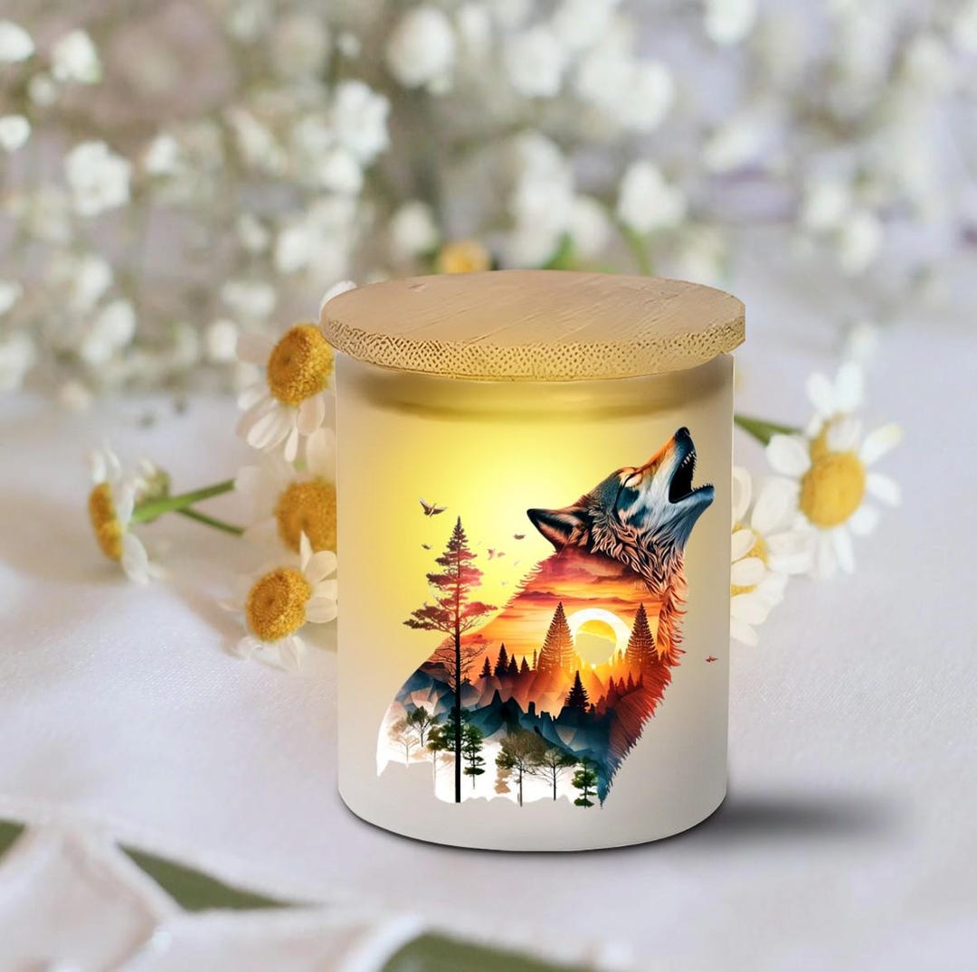 Howling Wolf Candle Holder: Frosted Glass With Tealight Timer or ...