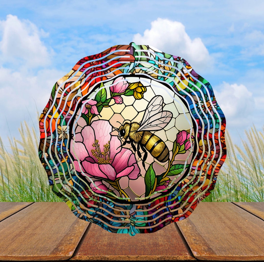 Stained Glass Look Bee Wind Spinner, Floral Garden Decor, Outdoor Yard ...