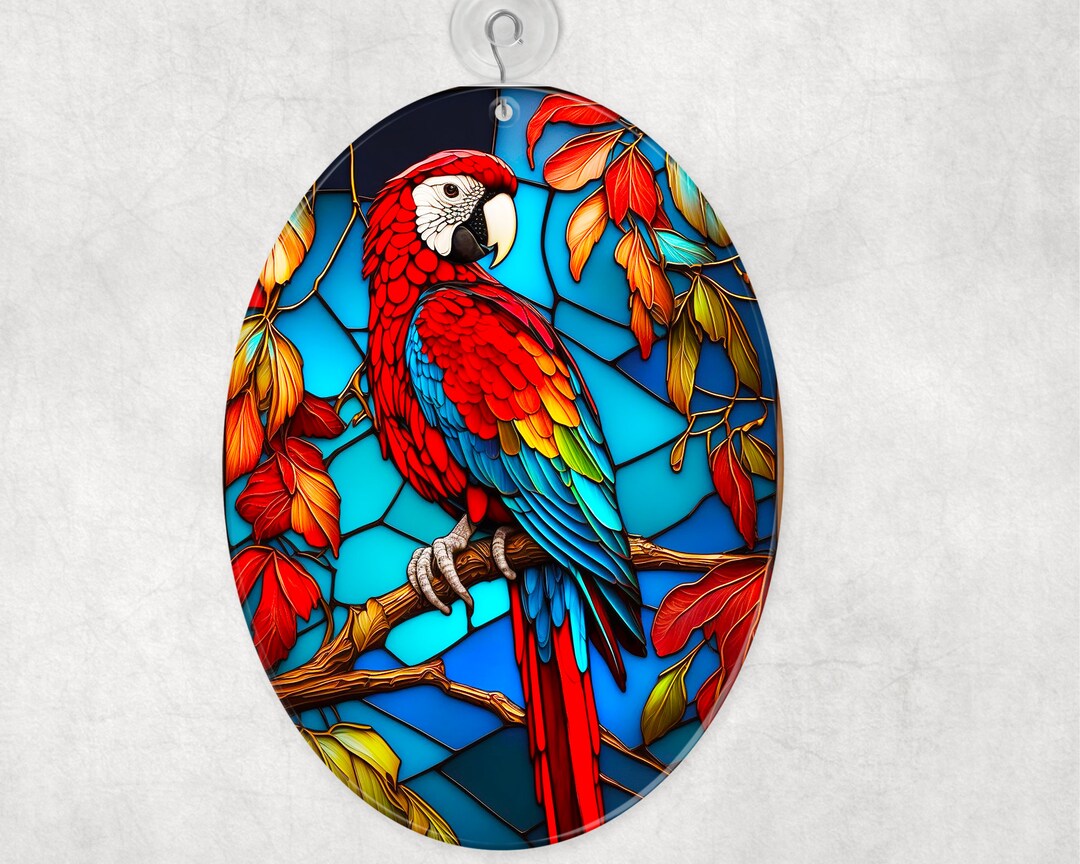 Beautiful Macaw Glass Suncatcher, Colorful Bird Window Hanging, Gift ...