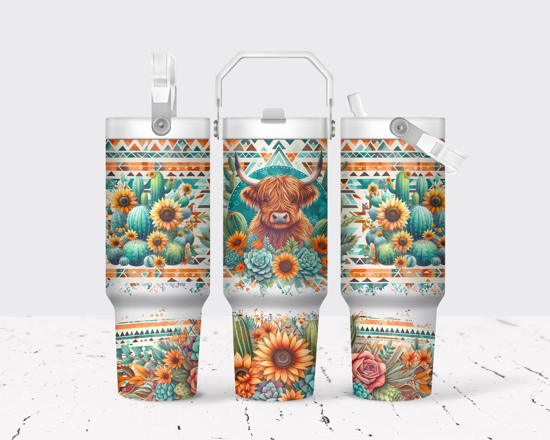 Boho Aztec Highland Cow 30 Oz Flip Straw Tumbler With Handle ...