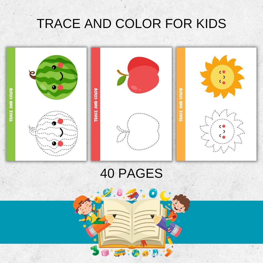 40 Pages Printable Trace and Color for Kids. Educational Activity. - Etsy