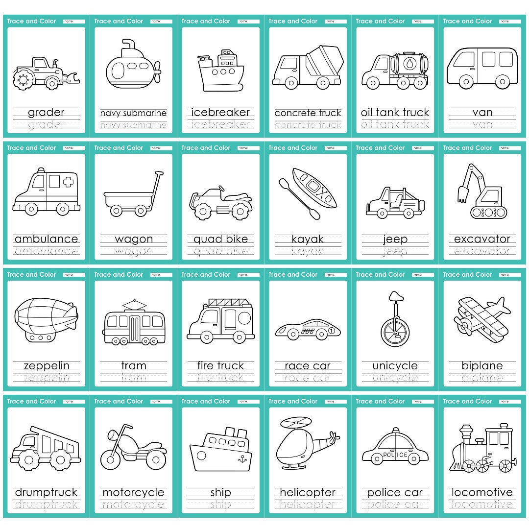 Vehicles Trace and Color 25 Pages. - Etsy